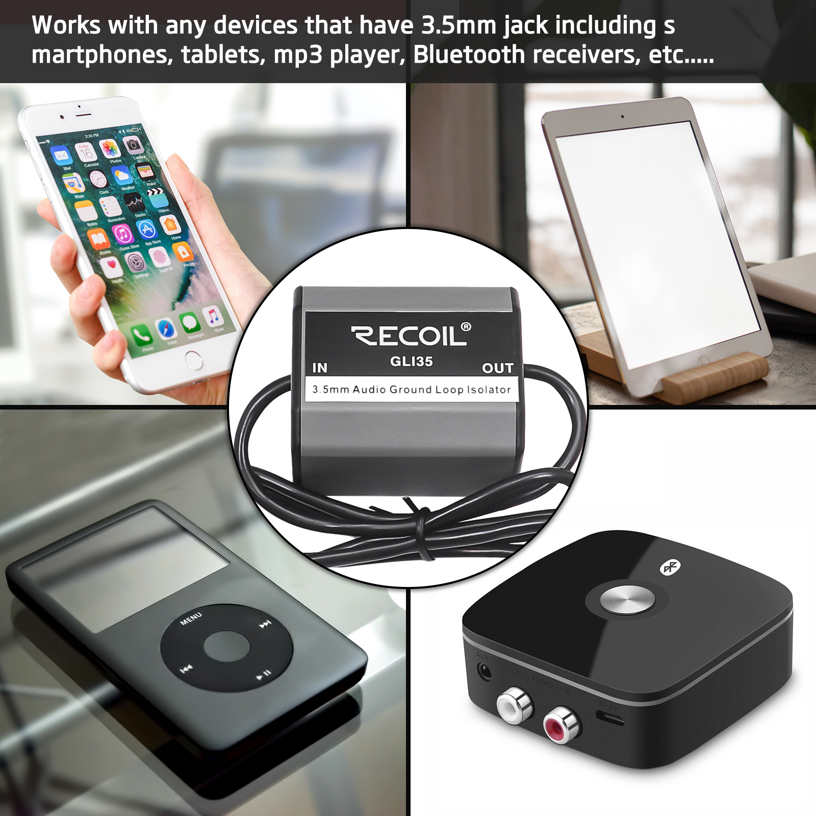 GLI35 Ground Loop Noise Isolator for Car Audio, Home, PC Stereo System with 3.5mm Audio Cable ...