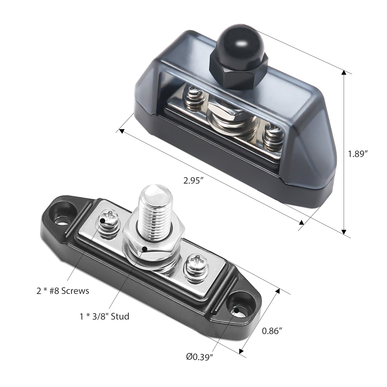 S12P-38 Pair 3 Connections Busbar 1 x 3/8” Stud 2 x #8 Screw Terminals ...